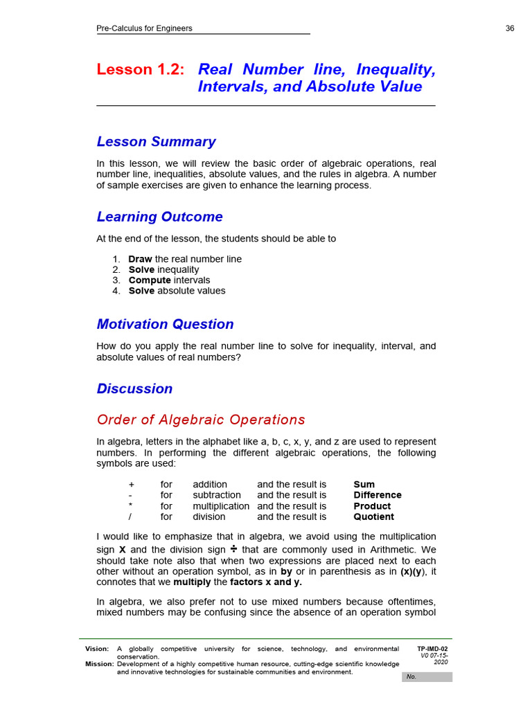 ESci 110 - Module 1 - Lesson 2 - Real Number Line, Inequality, Intervals, and Absolute Value ...