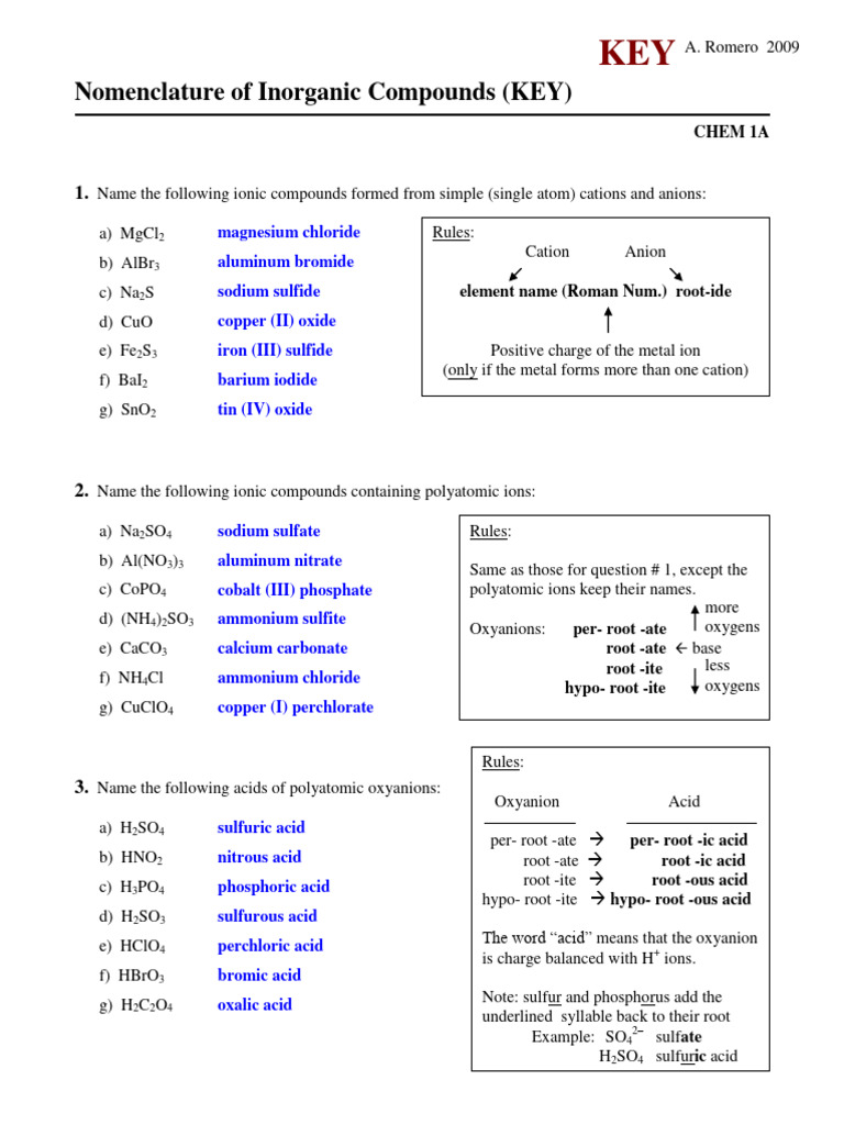 Practice Problems (Chapter 2) Nomenclature of Inorganic Compounds - KEY ...