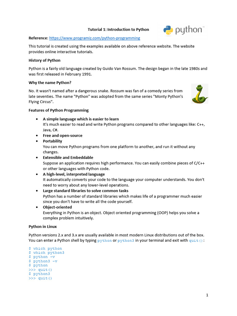 Tutorial 1 Introduction To Python | PDF | Data Type | Python ... Tutorial 1 Introduction To Python | PDF | Data Type | Python ...