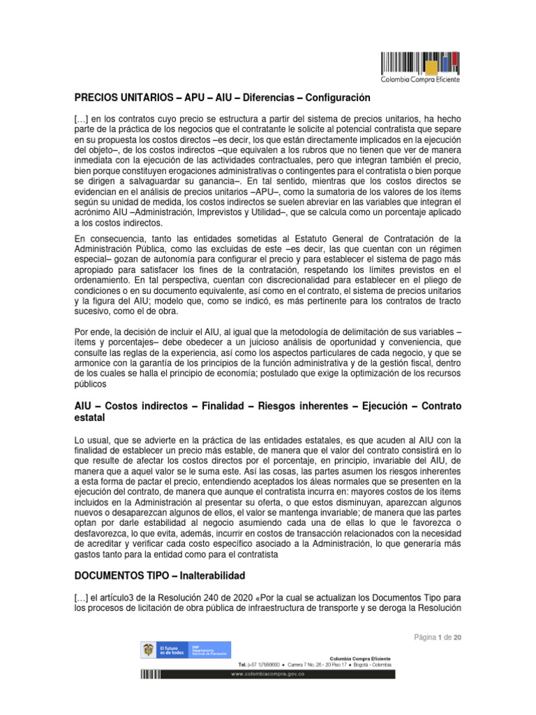 Concepto Colombia Compra, Sobre AIU y APU | PDF | Presupuesto | Precios