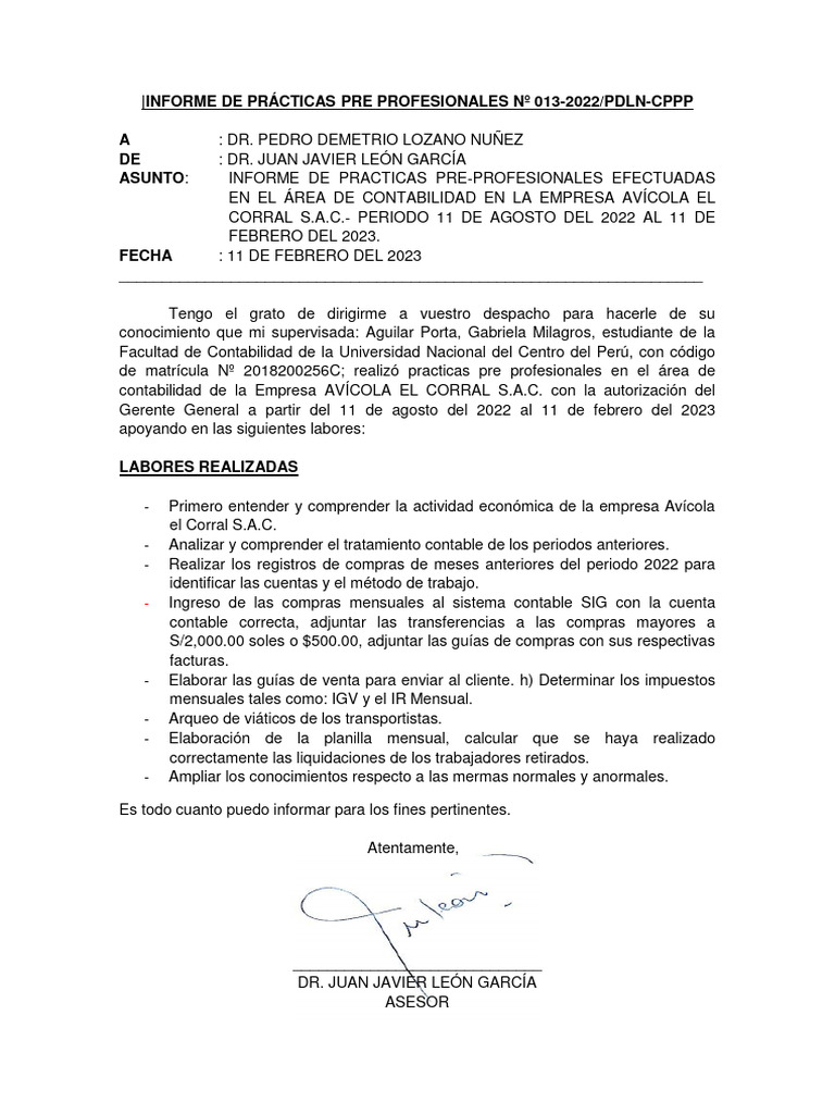 4 Informe de Practicas Pre Profesionales Del Asesor | PDF