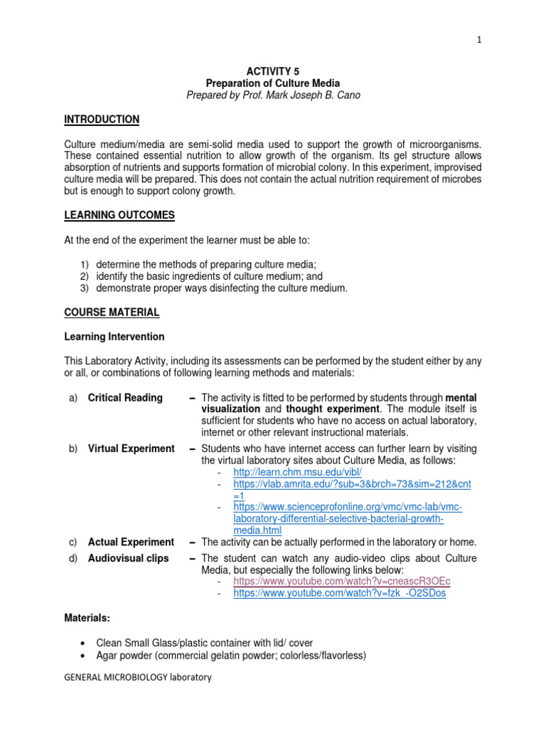 ACTIVITY 5 - Preparation of Culture Media DIY PDA | PDF | Growth Medium ...