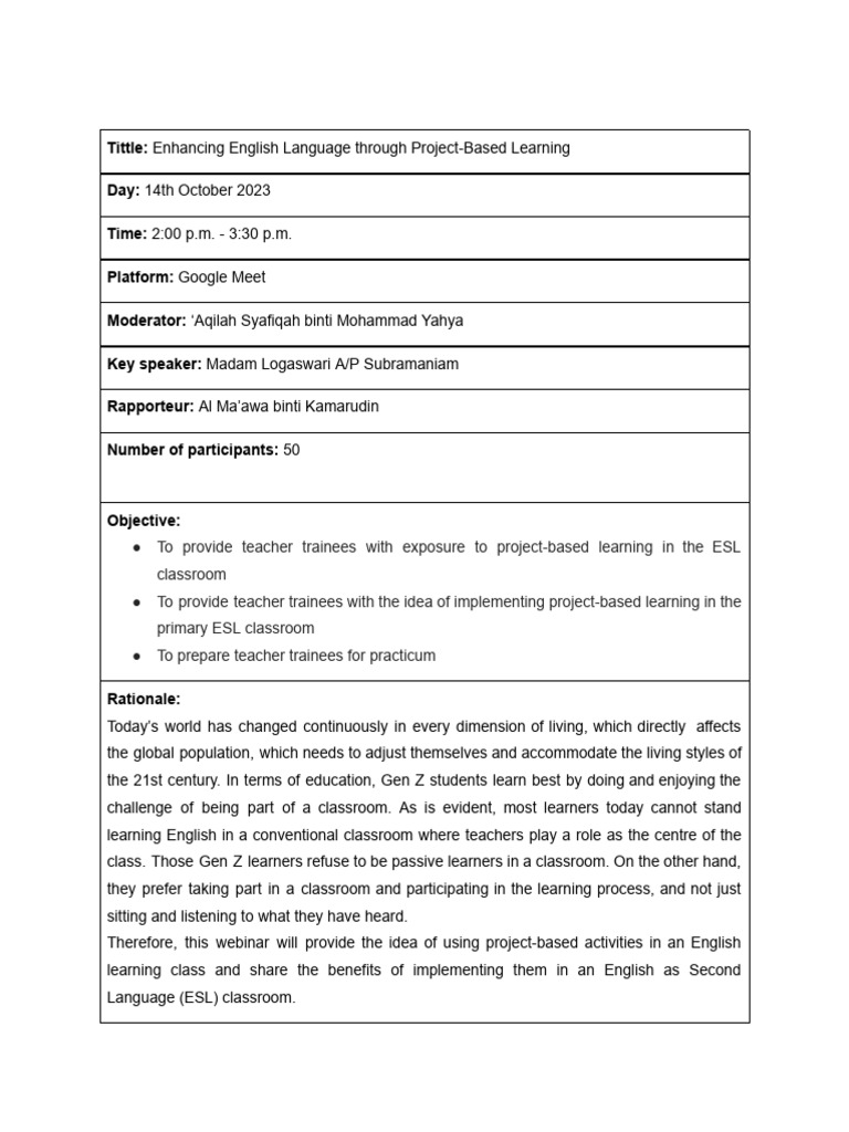 Example of Rapporteur Notes | PDF | Project Based Learning | Teachers