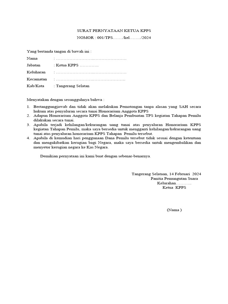 Format Surat Pernyataan KPPS | PDF