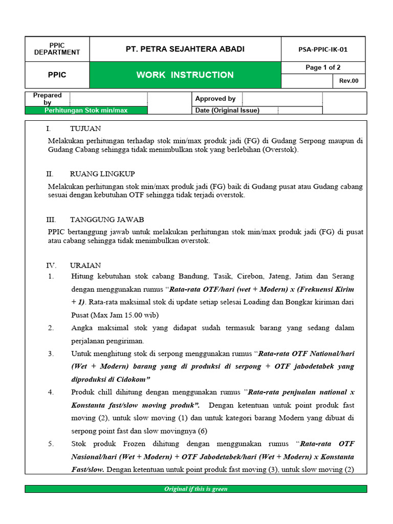 PSA-PPIC-IK-01 Perhitungan Min Max FG | PDF