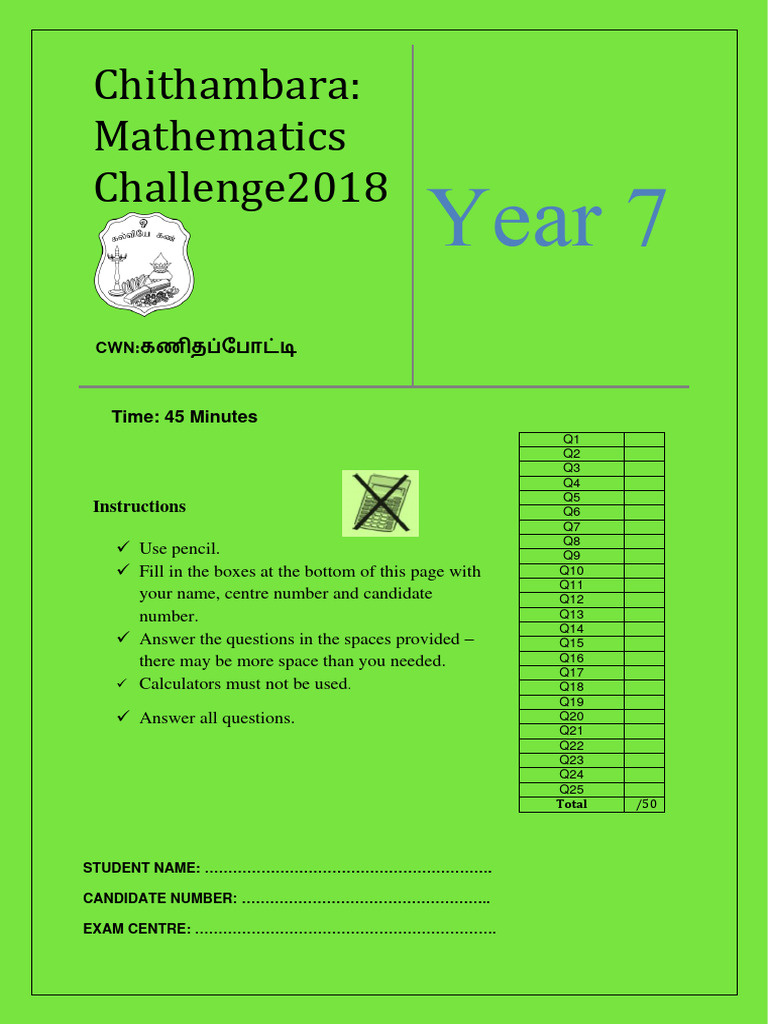 Year 7 Chithambara Maths Challenge 2018 | PDF | Mathematics
