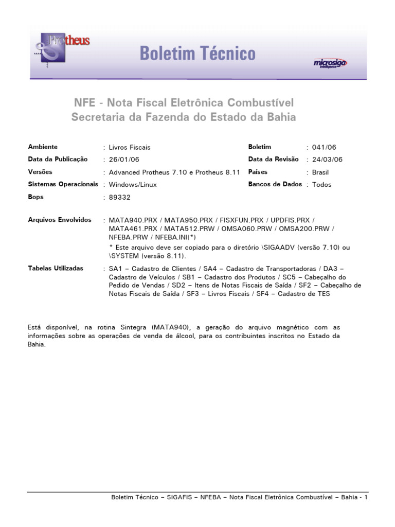 041 - FIS - NFEBA - Nota Fiscal Eletronica Combustivel - BA | PDF | Recibo | Bancos de dados