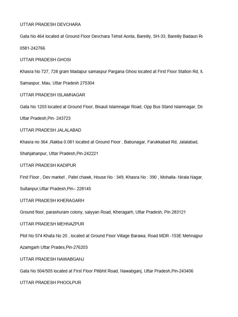 Uttar Pradesh Branch List | PDF