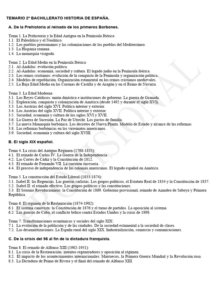 Temario 2º Bachillerato Historia De España Pdf España Franquista
