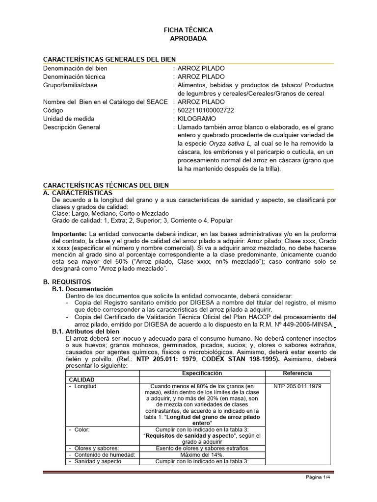 Ficha Técnica del Arroz Pilado | PDF | Arroz | Alimentos