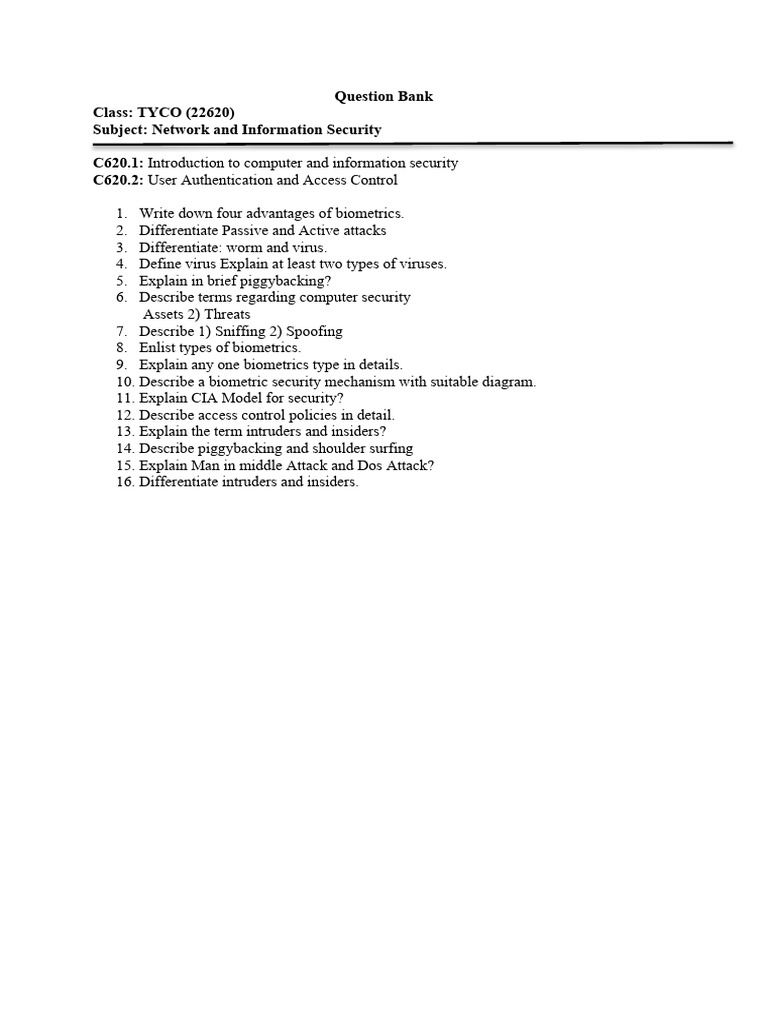 NIS Sessional Test 1 - Question Bank | PDF