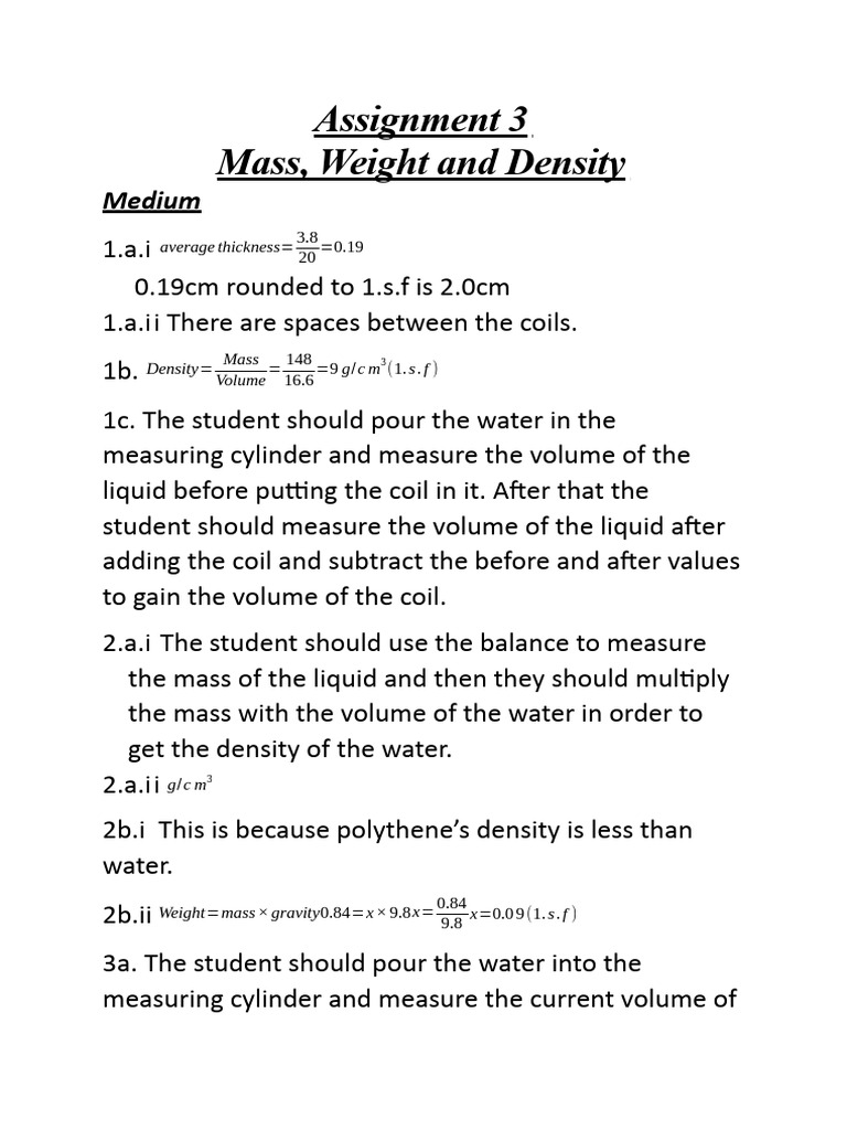 Assignment 3 - Mass, Weight and Density | PDF | Density | Volume