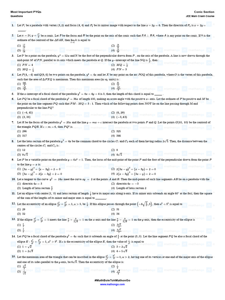 Question Most Important PYQs Conic Section JEE Main Crash Course MathonGo | PDF