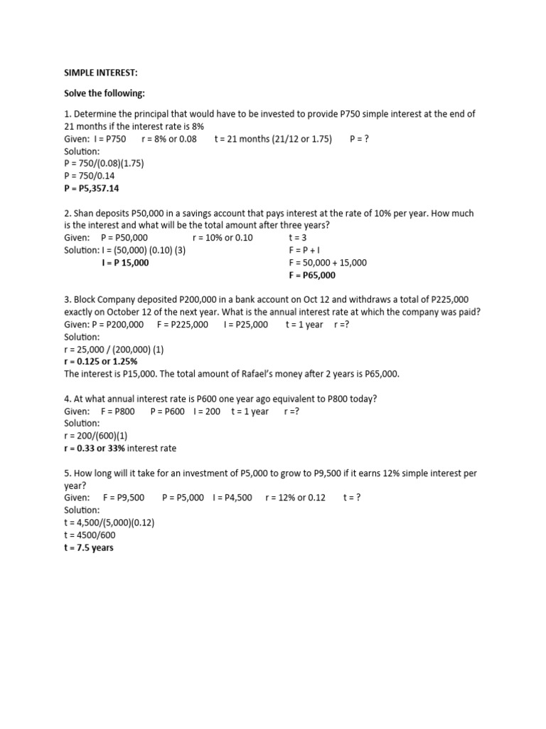 SIMPLE-INTEREST AND SIMPLE-DISCOUNT-Exercises-Solution | PDF