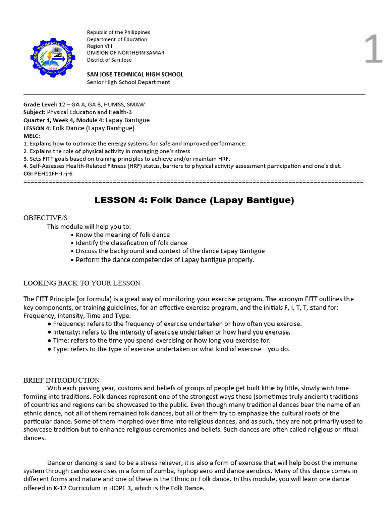 LESSON 4 Folk Dance Lapay Bantigue | PDF | Dances | Traditions