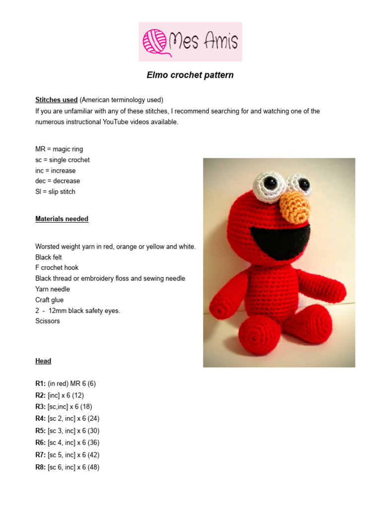 PDF Elmo Pattern | PDF | Crochet | Figured Fabrics
