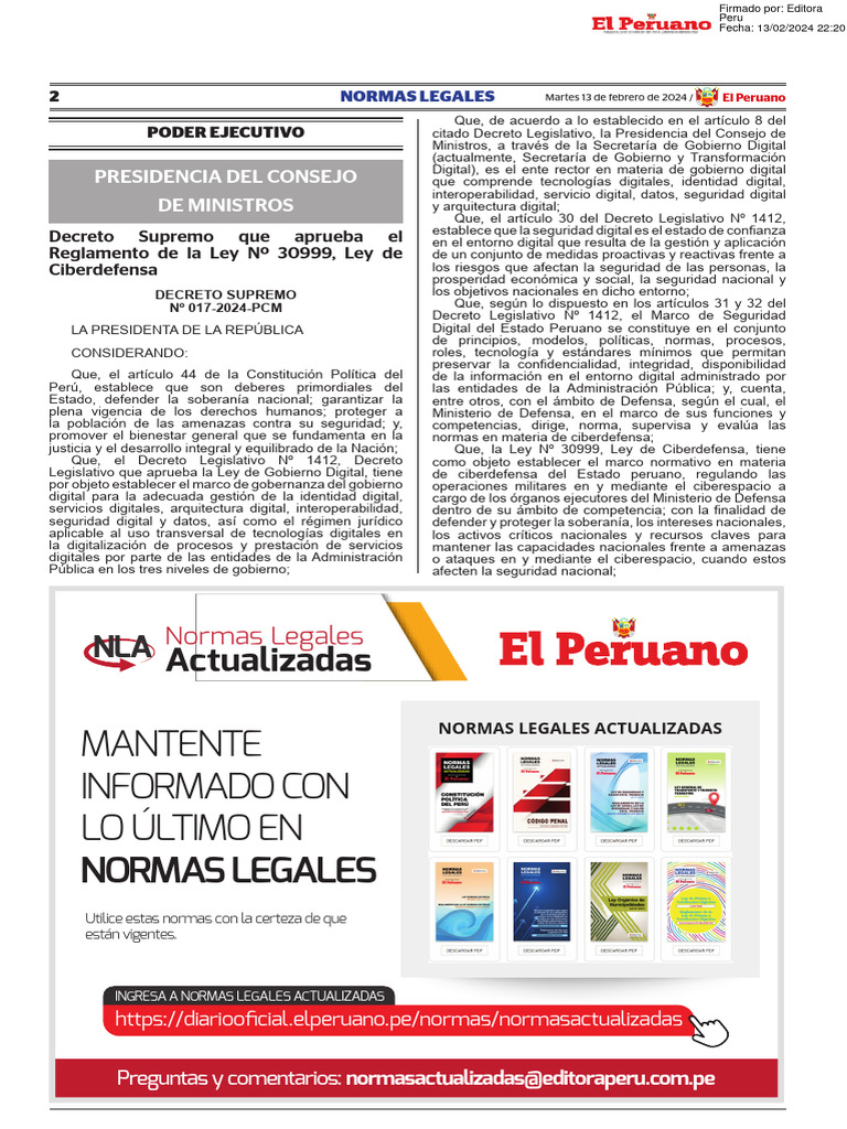 Reglamento Ley de Ciberdefensa Perú | PDF | Guerra cibernética | Seguridad