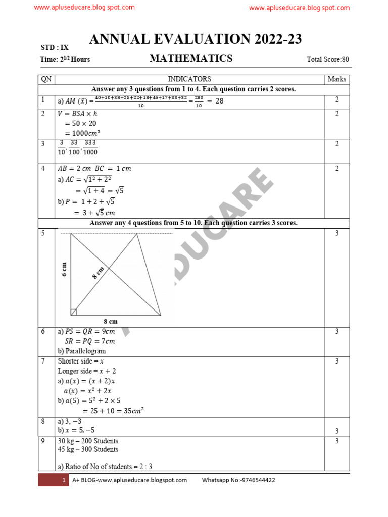 A+ Blog-Std-9-Annual Exam 2023-Maths em Ans Key | PDF | Area | Quantity