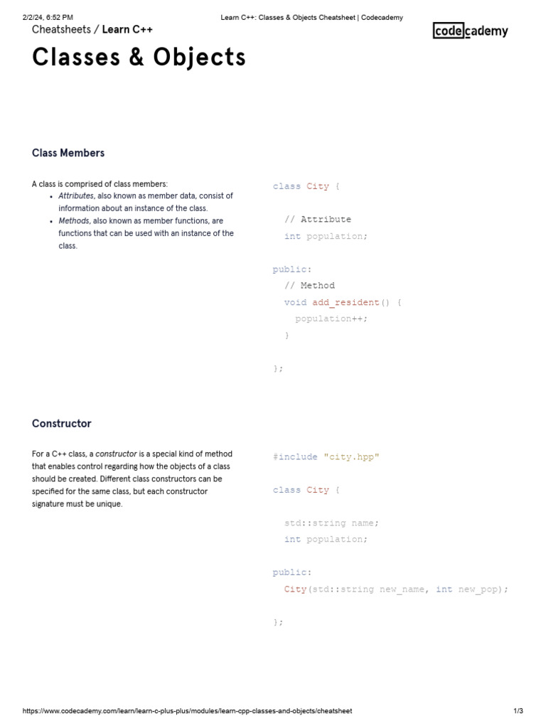 Learn C++ - Classes & Objects Cheatsheet | PDF | Class (Computer ...