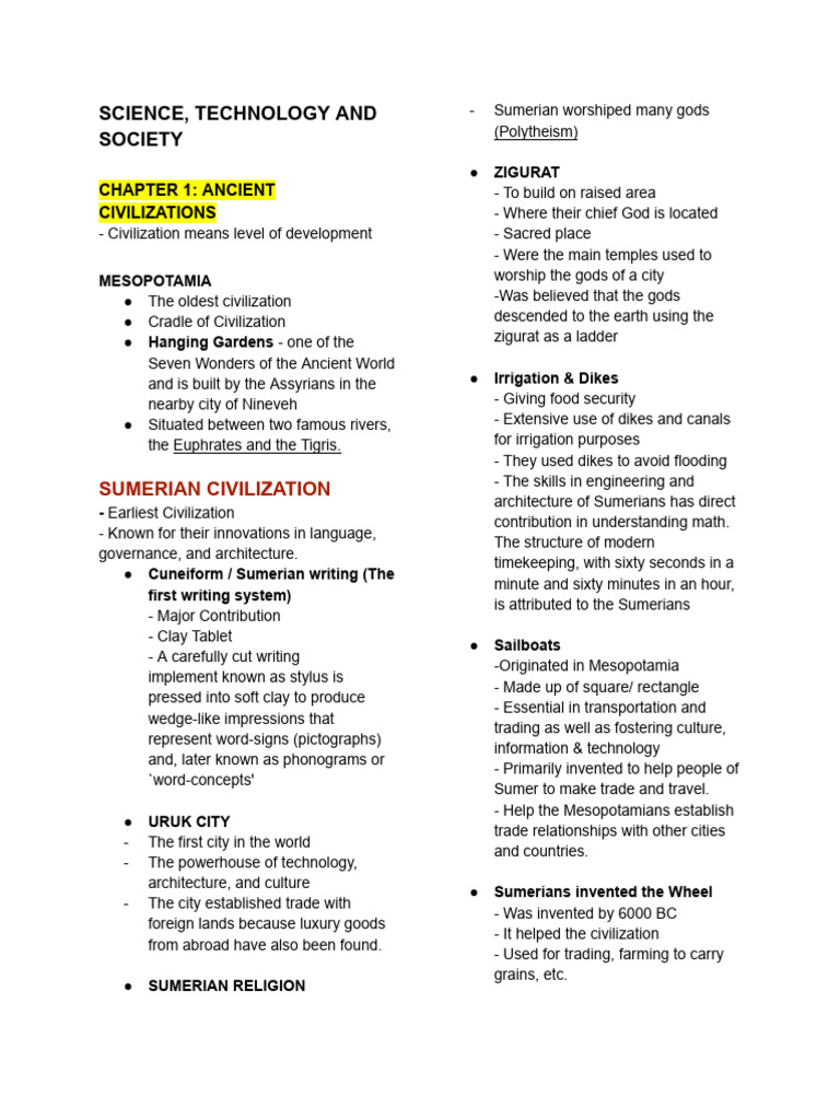 STS Chapter 1 - ANCIENT CIVILIZATION | PDF | Sumer | Mesopotamia