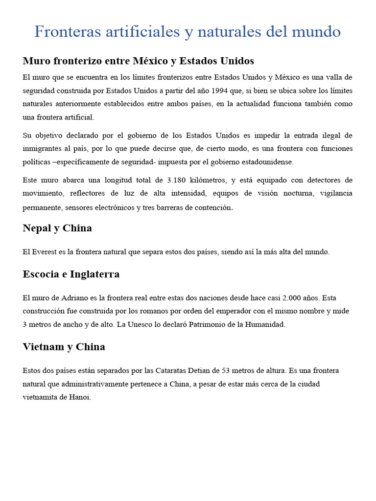 Fronteras Artificiales y Naturales Del Mundo - Geografía | PDF ...