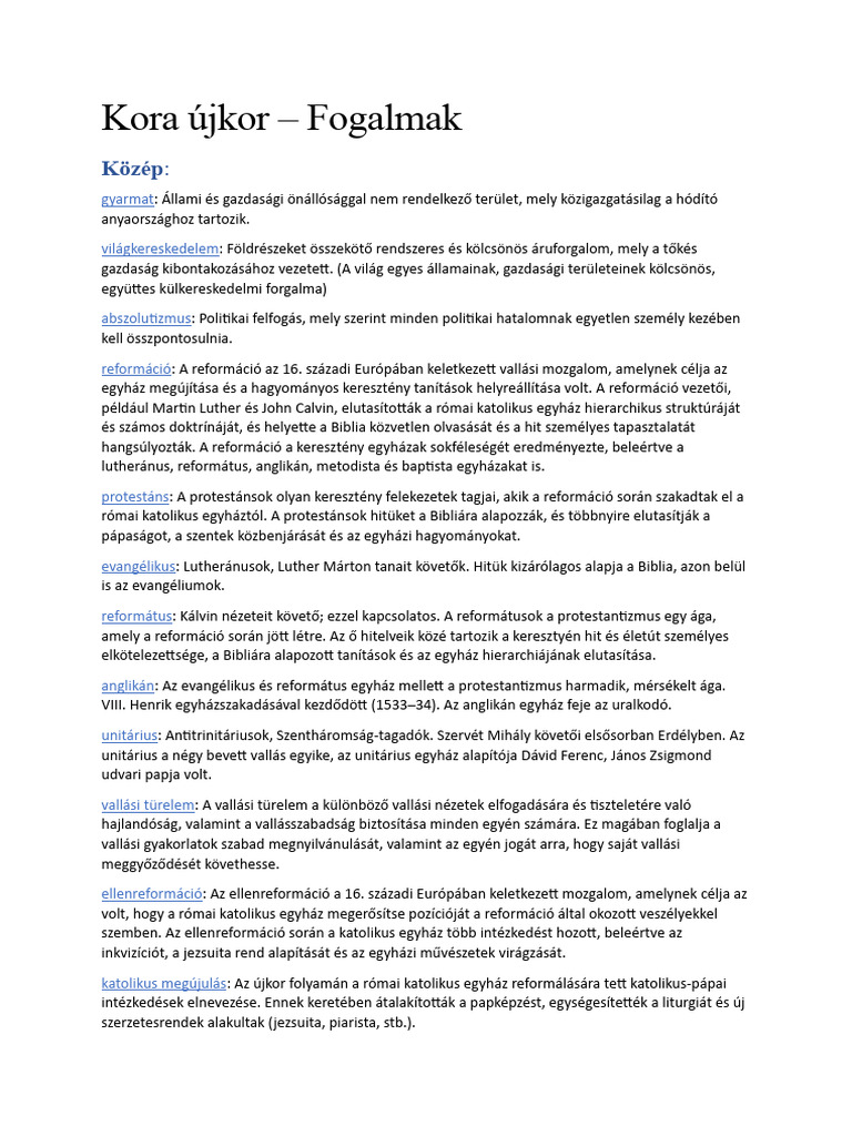 Kora Újkor - Fogalmak | PDF