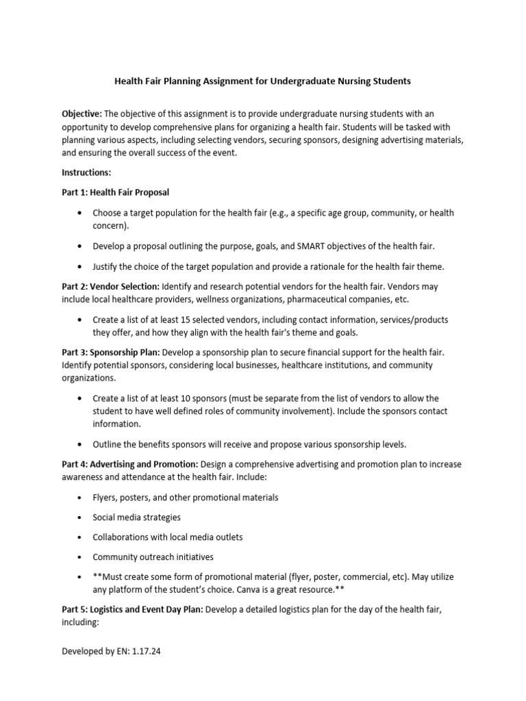 Health Fair Planning Assignment For Undergraduate Nursing Students ...