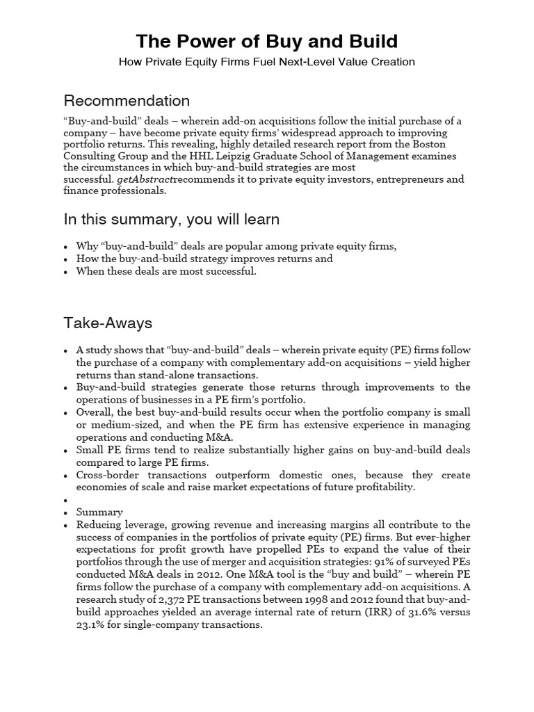 Buy-and-Build Strategies in Private Equity | PDF | Mergers And ...