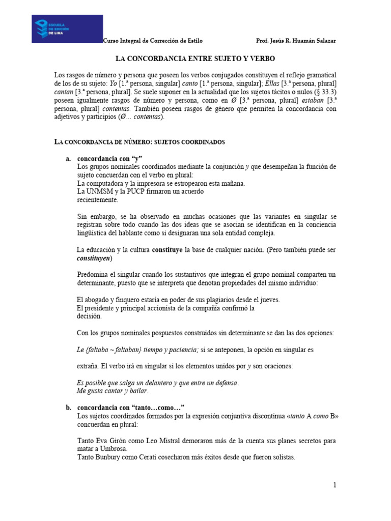 Concordancia Gramatical en Español | PDF | Plural | Verbo