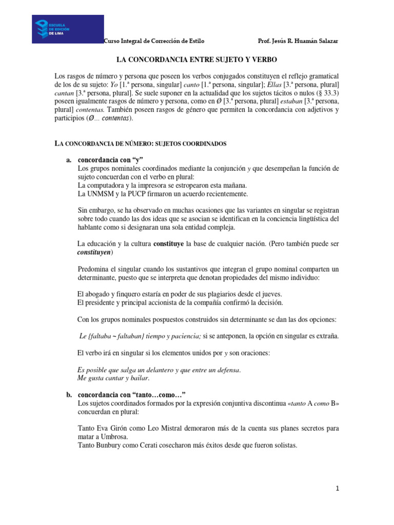 Concordancia entre Sujeto y Verbo | PDF