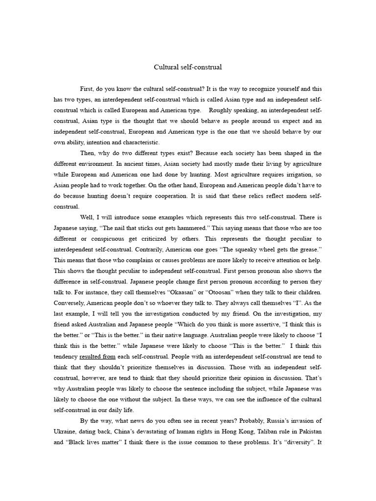 Cultural Self-Construal Wataru Sasaki (A) | PDF | Social Psychology | Psychological Concepts