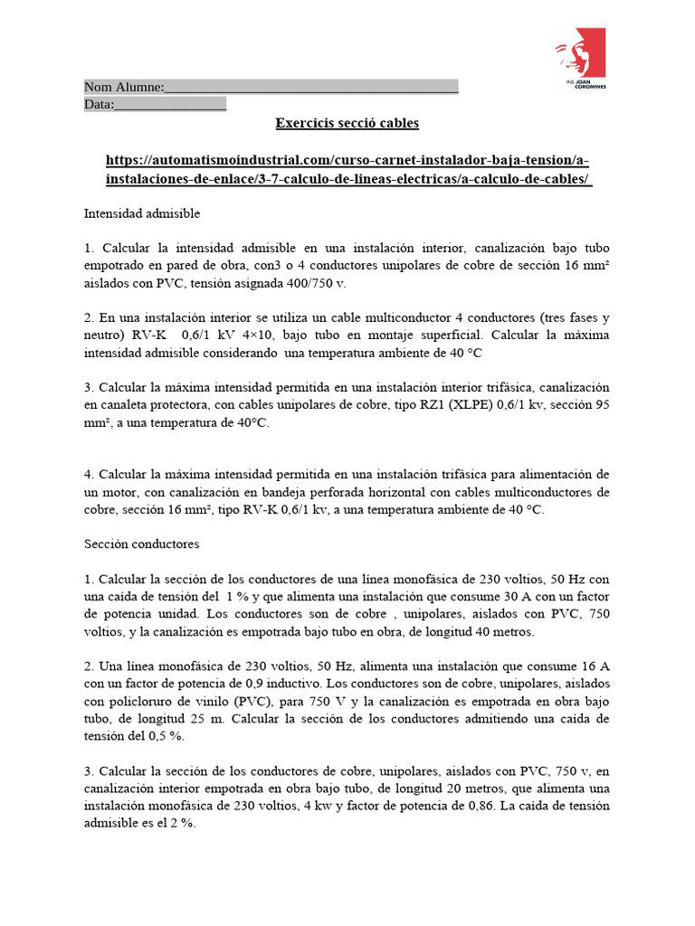 UF2. U5. Exercicis secció cables - SOL | PDF | Corriente eléctrica | Cantidades fisicas