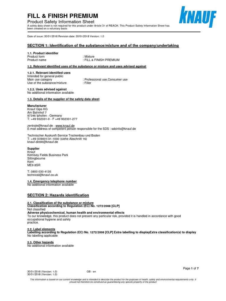 Fill Finish Premium MSDS | PDF | Safety | Materials