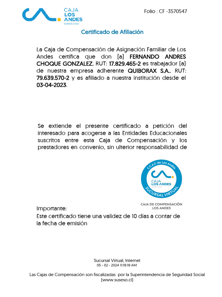 Cert. Afiliacion Caja Los Andes. FCHG. | PDF | Finanzas y dinero