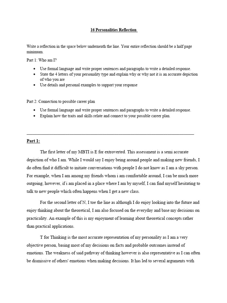 16 Personalities Reflection | PDF | Thought | Psychological Concepts