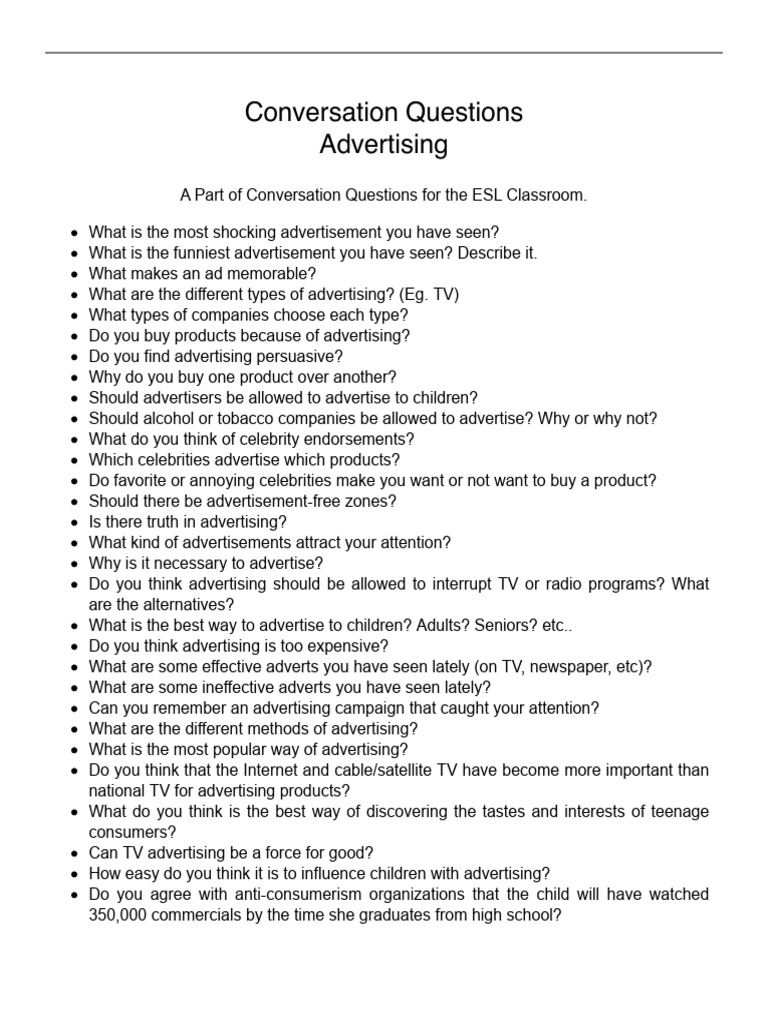 Els Coversation Questions About Advertising | PDF | Advertising ...
