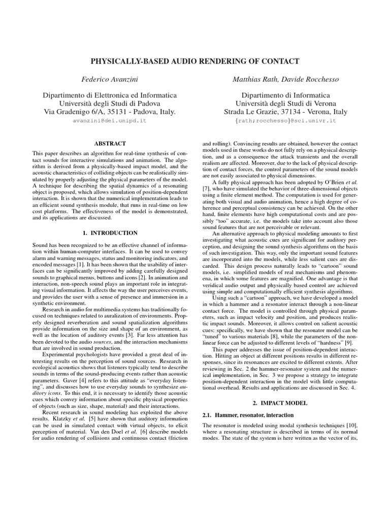 Physically Based Audio Rendering of Contact | PDF | Sound | Numerical Analysis