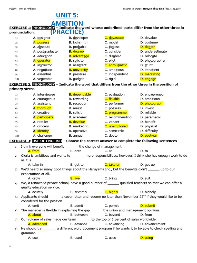 Unit 5 Ambition Practice No Key Pdf Academic Degree Motivation