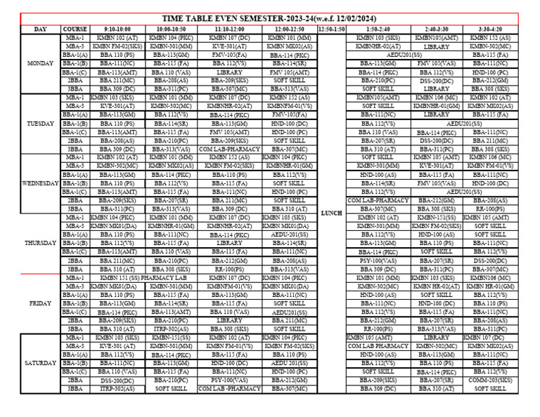 Even Sem Time Table | PDF