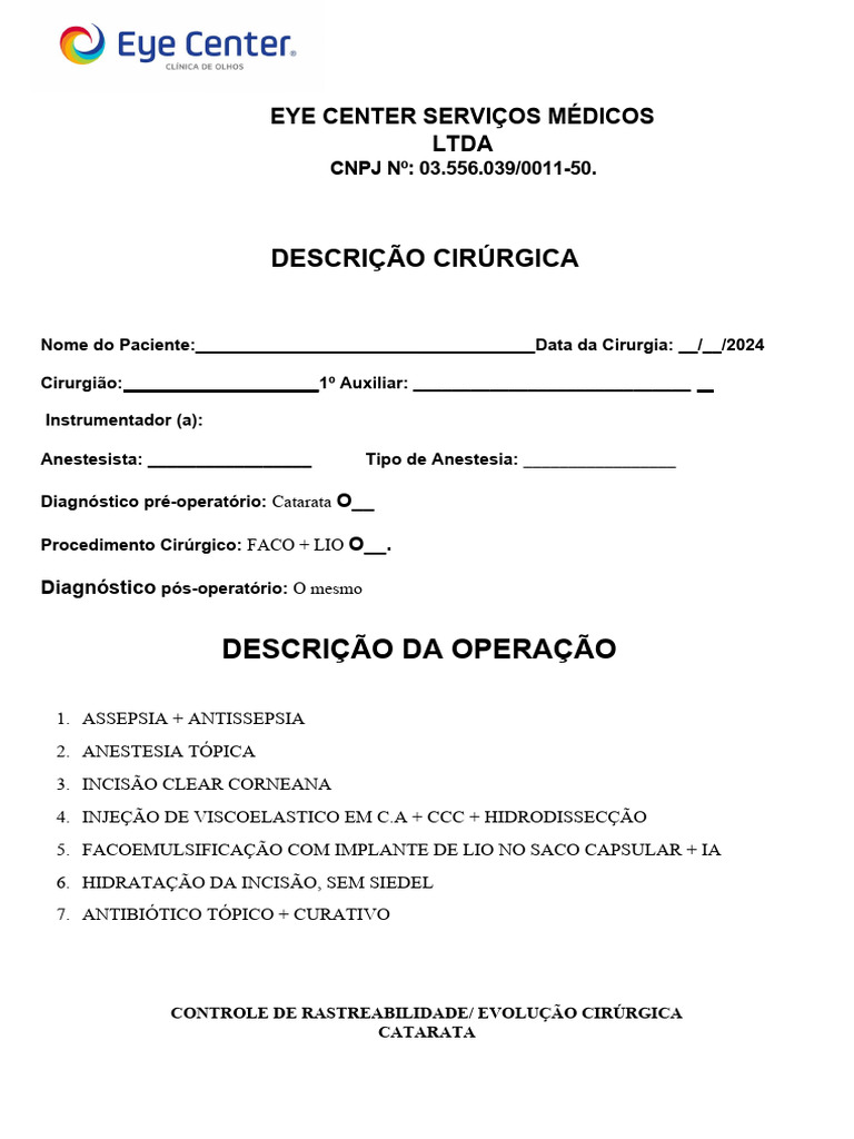 Descrição Cirúrgica Faco | PDF | Doenças e distúrbios | Sistema de saúde