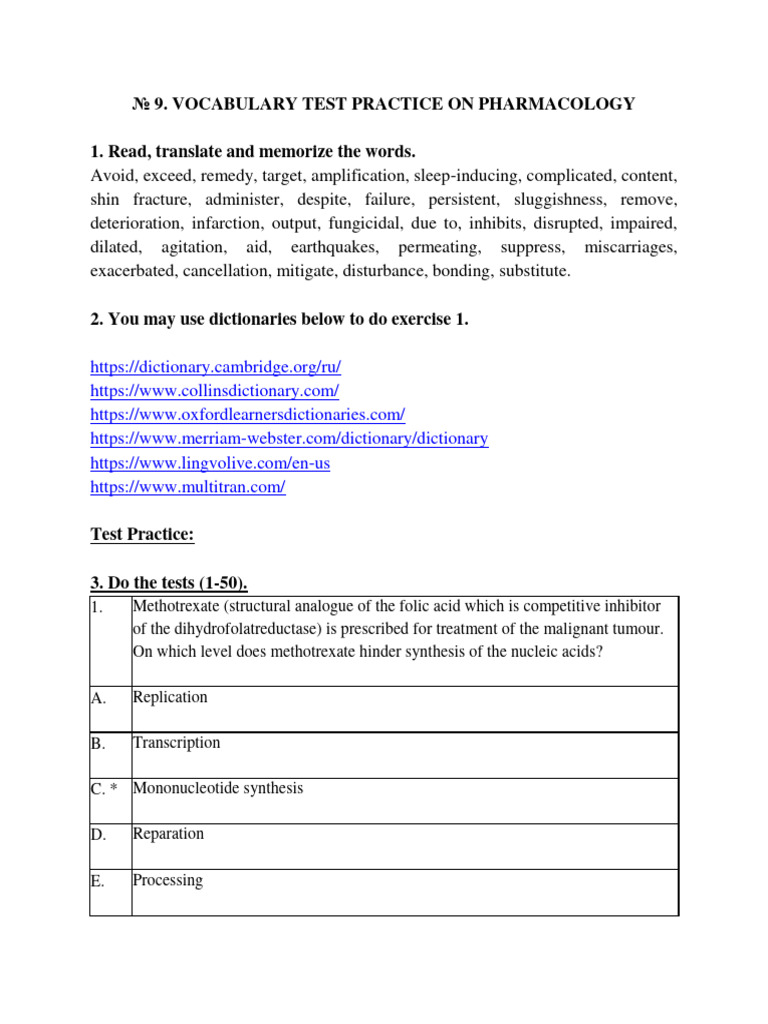 Vocabulary Test Practice On Pharmacology. | PDF | Anesthesia | Diabetes