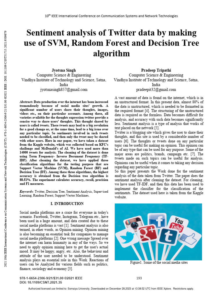 Sentiment Analysis of Twitter Data by Making Use of SVM Random Forest and Decision Tree ...