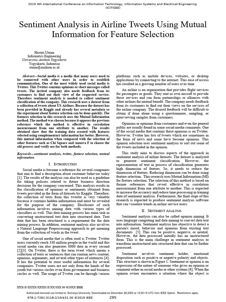 Sentiment Analysis in Airline Tweets Using Mutual Information For Feature Selection | PDF ...