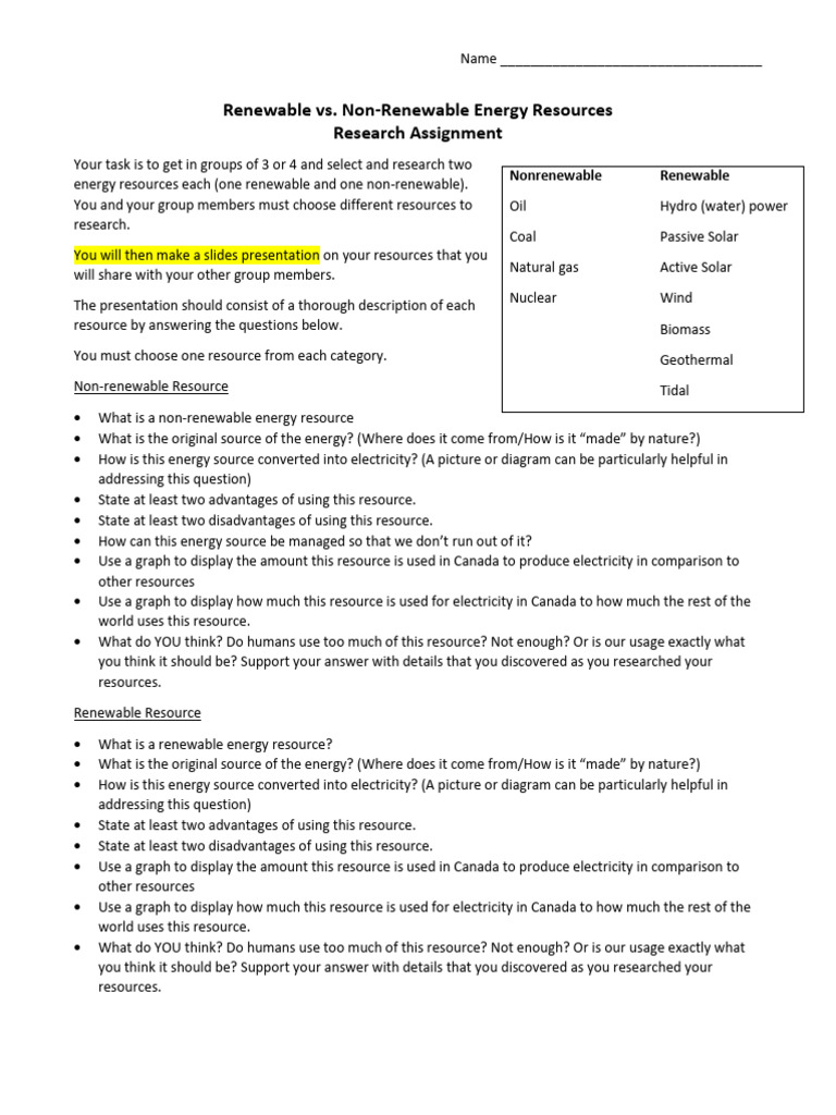 Renewable Vs Nonrenewable Assignment | PDF | Renewable Energy | Energy ...