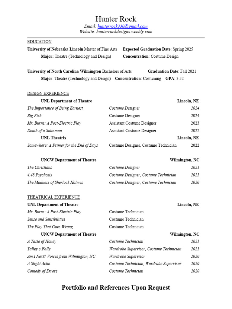 Costume Designer Portfolio of Hunter Rock | PDF | Theatre