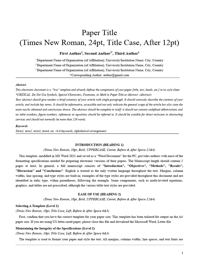 Paper Title (Times New Roman, 24pt, Title Case, After 12pt) : First ...