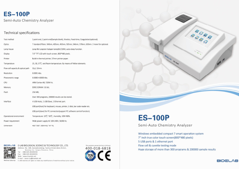 ES-100P. Analizador Semiautomático de Bioquímica | PDF