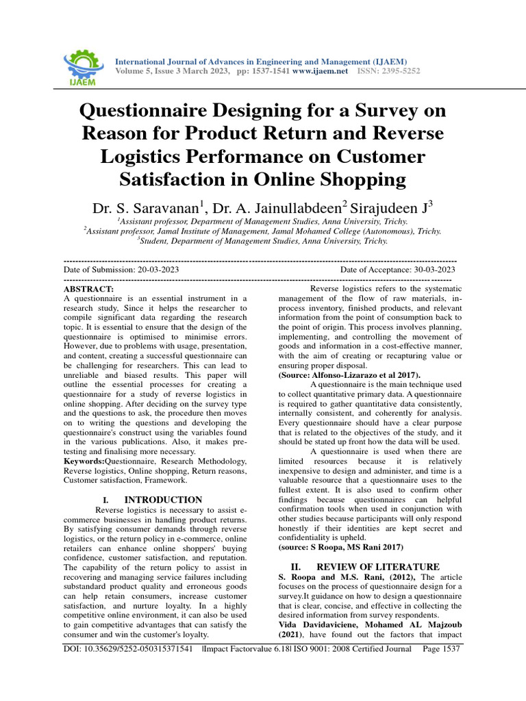 Questionnaire Designing For A Survey On Reason For Product Return and ...