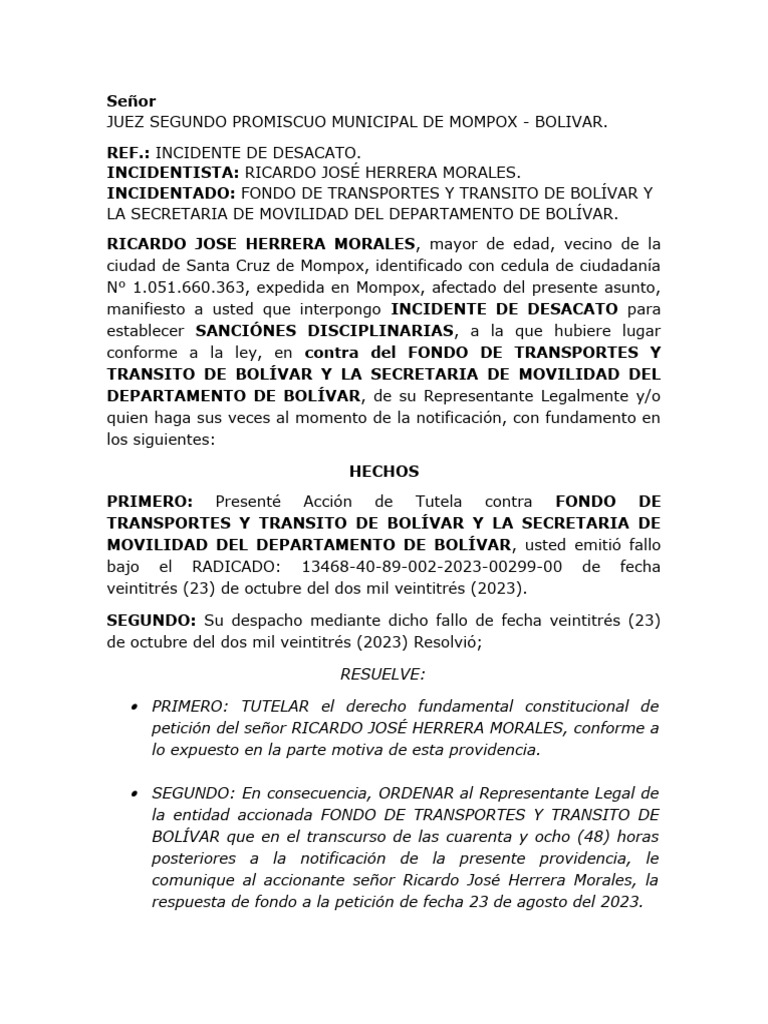 Incidente de Desacato Modelo. | PDF | Justicia | Crimen y violencia