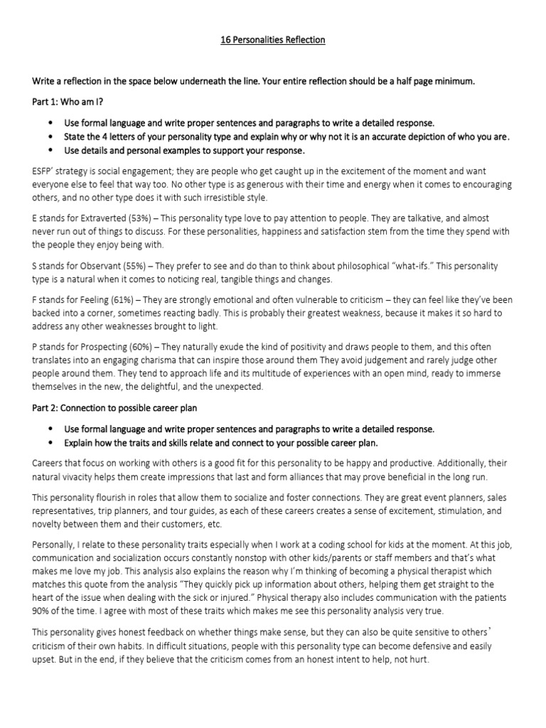 16 Personalities Reflection | PDF | Personality Type | Communication